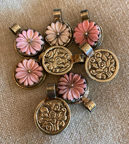 Hand Carved Pink shell flower with Repousse Back | Jill MacKay Website