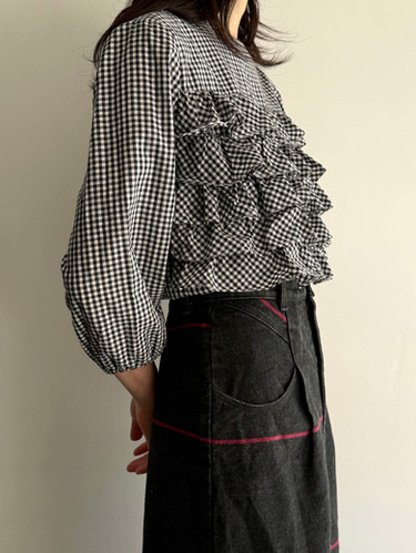 60's gingham ruffle blouse | Samaki online store