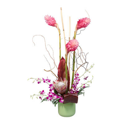 Ginger & Orchids in Green Vase | Johnson's Florist