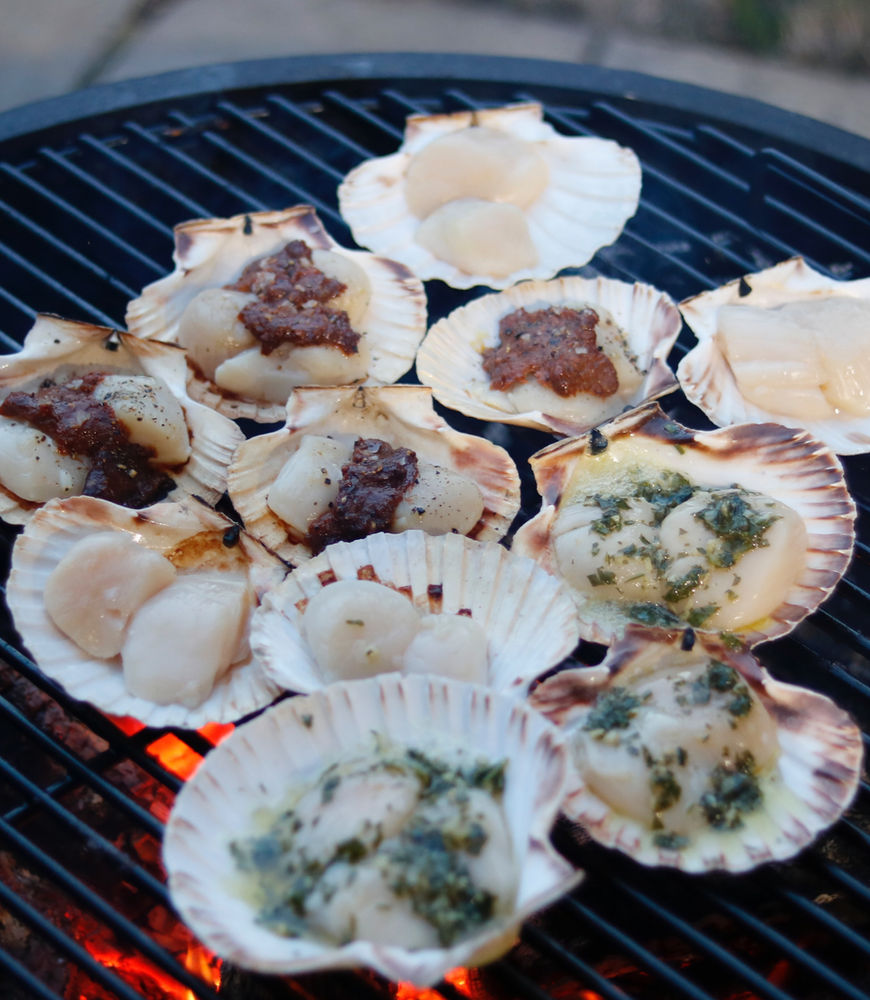 Scallops three ways and langoustines over birch wood fire
