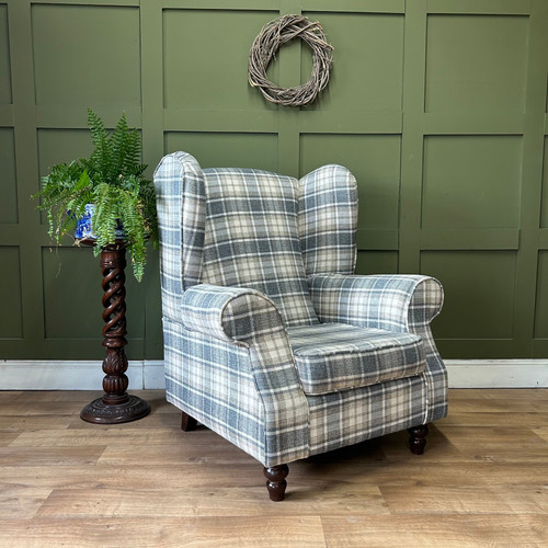 Large Wingback Armchair Grey Checked Fabric | Mysite