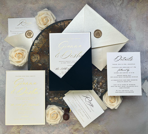 Black Velvet Pocket Gold Foil and Ivory Shimmer Wedding Invitations ...