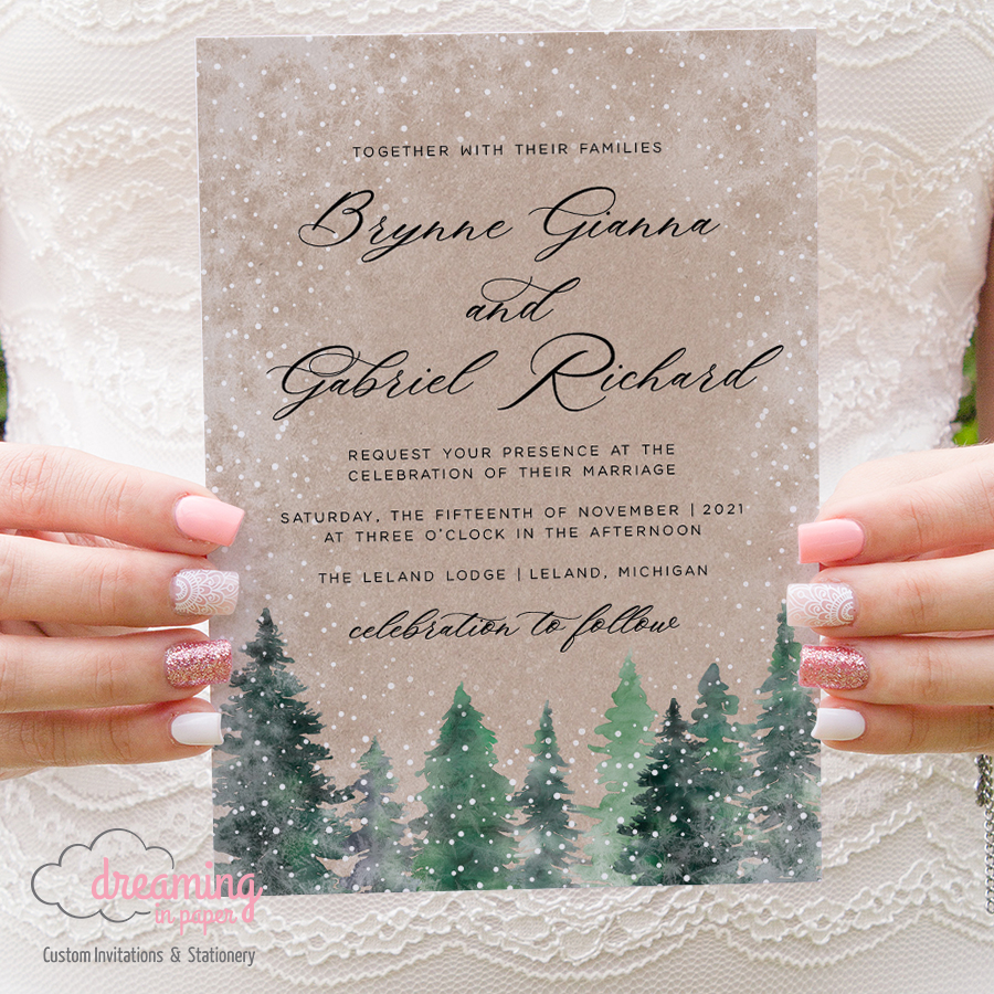 Frosty Winter Green Pine Trees Forest Wedding Invitations 387 ...