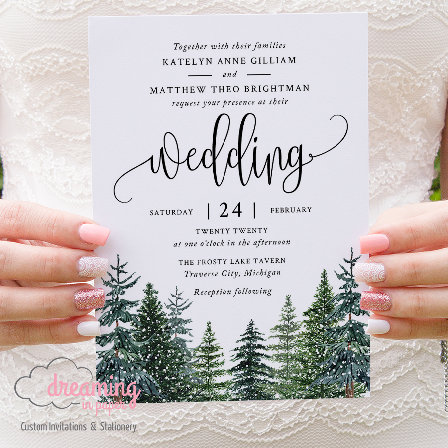 Frosty Winter Green Pine Trees Forest Wedding Invitations 387 ...