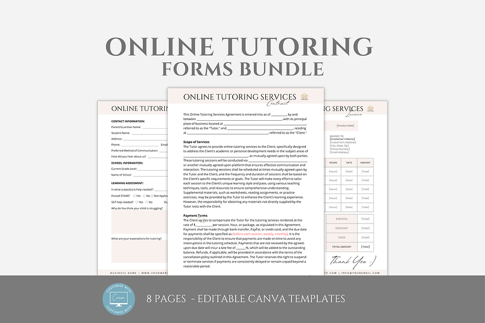 Editable Online Tutoring Forms Bundle | BizTemplateForYou