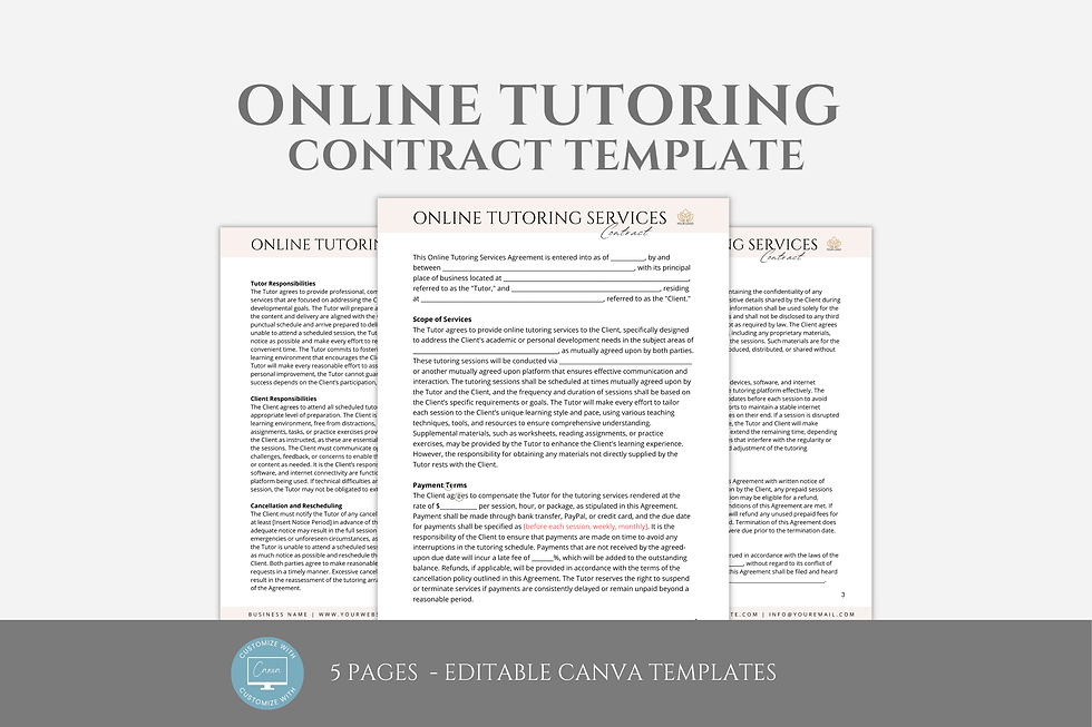 Editable Online Tutoring Contract Template | BizTemplateForYou
