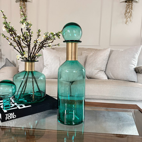 Jorum Collection Tall Glass Bottle with Lid Brass Detail | Lavish Lodge