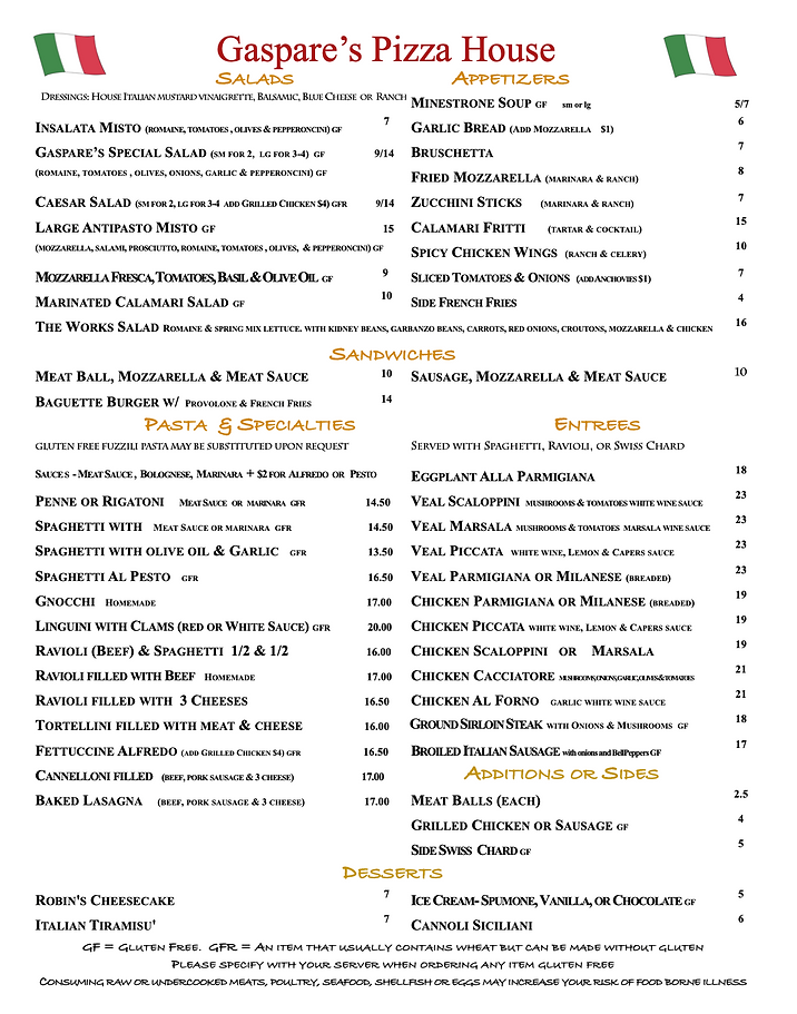 Gaspare's Pizza House San Francisco Menu