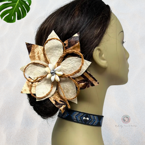 Polynesian Tapa Cloth Flower Clip with Shells – Tongan Hairpiece | Tiare 'O Patitifa