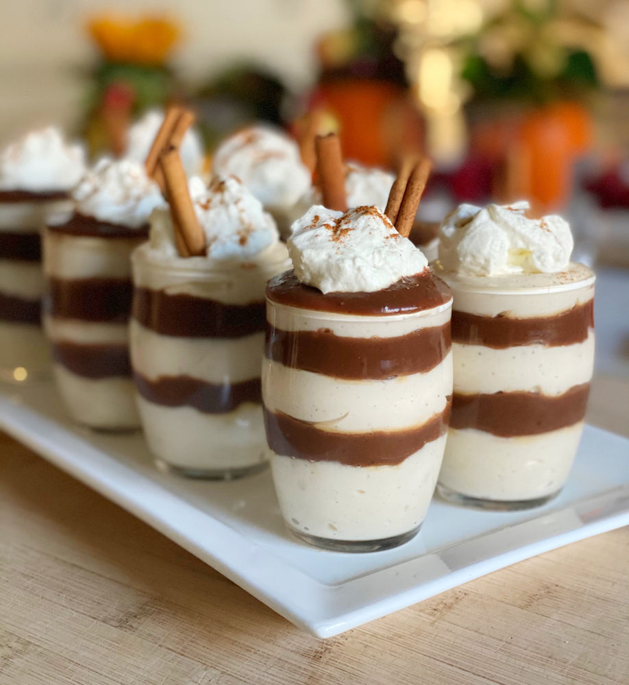 Egg Nog Cheesecake Parfaits with Cold Hot Fudge