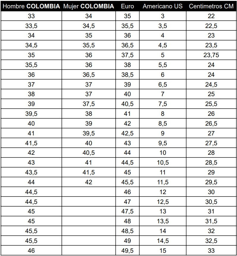 Tabla de tallas tenis