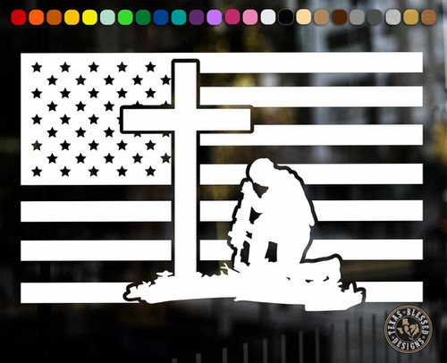 American Flag Soldier Kneeling Praying At The Cross Vinyl Decal | Texas ...