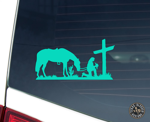 Cowgirl Kneeling at Cross with Horse Faith Vinyl Decal | Texas Blessed ...