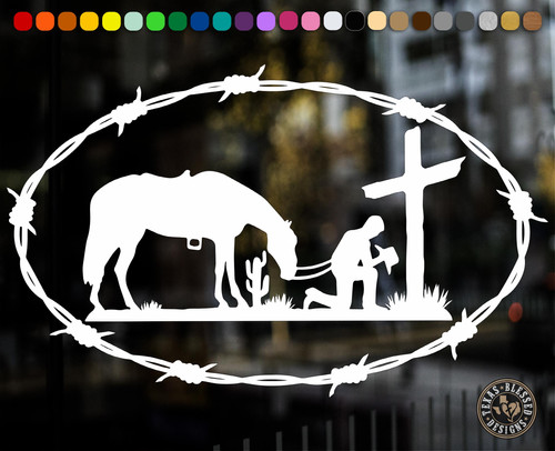 Cowboy Kneeling at Cross with Horse Barbed Wire Faith Vinyl Decal ...