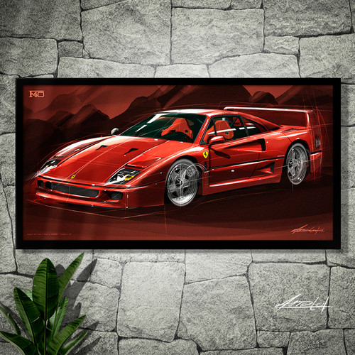 QUADRO DECORATIVO FERRARI F40 2.9L V8 Bi-Turbo - MARKER - WIDE 87cm x ...
