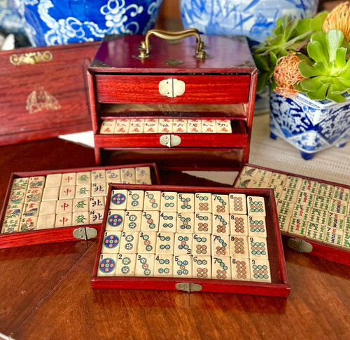 Bone and Bamboo mahjong Set with Buddha chest | The Mahjong Mix