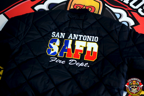 SAFD with Texas Flag Background Back Design | Los Bomberos Custom