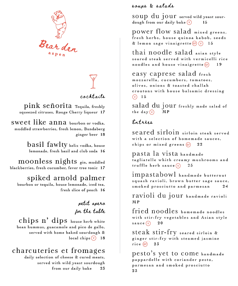 Menus | Bear Den Aspen | Breakfast, Lunch & Dinner