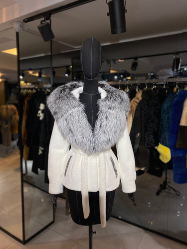 White Faux Fur Coat with Real Fox Fur Hoodie and Real Python Leather Details Wom | Dolce De Via