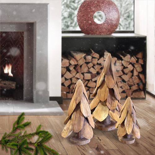 SEN043 - Teak Pine Tree Sculpture - Set of 3 | Casual Elements