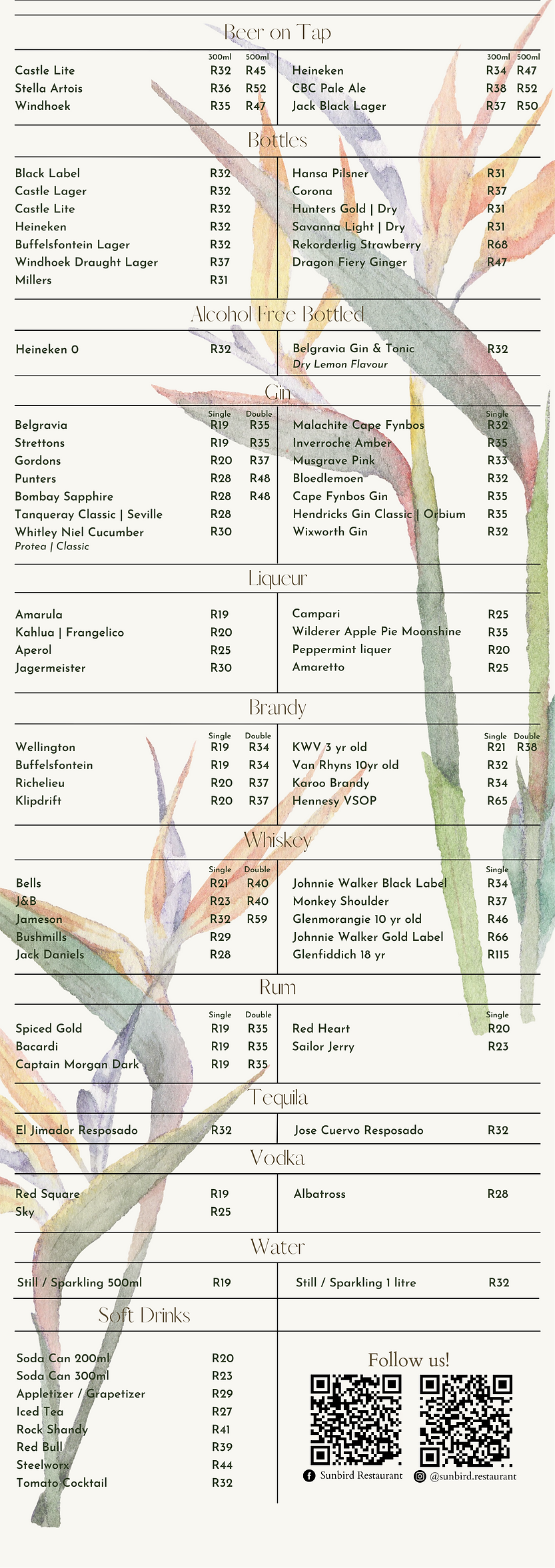 Menu | Sunbird | Restaurant | Melkbosstrand