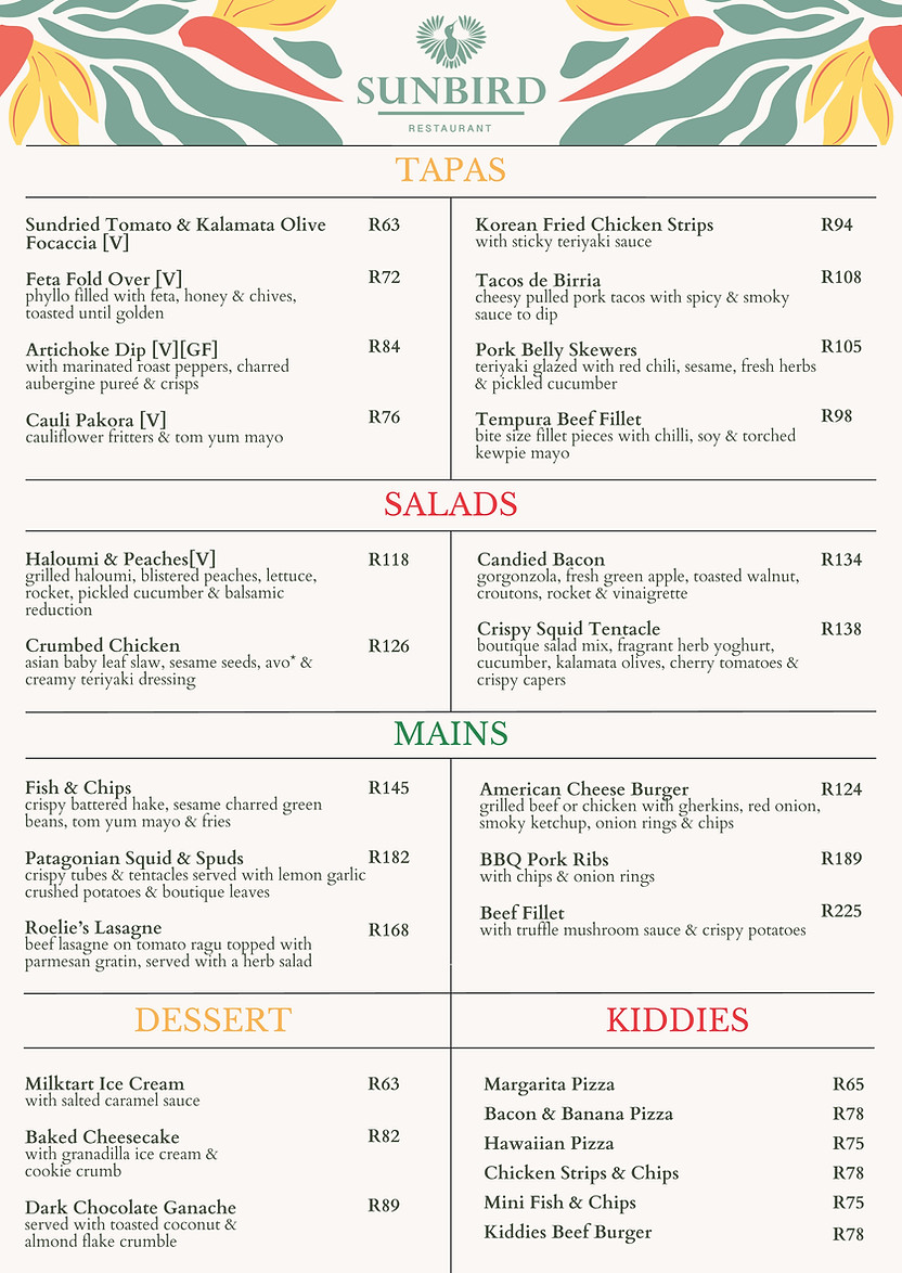 Menu | Sunbird | Restaurant | Melkbosstrand