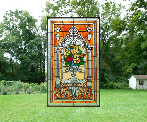 Large Flower in vase Tiffany Style stained glass Jeweled window panel ...