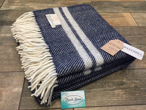 Tweedmill Textiles Pure New Wool navy fishbone With 2 grey Stripe Throw ...