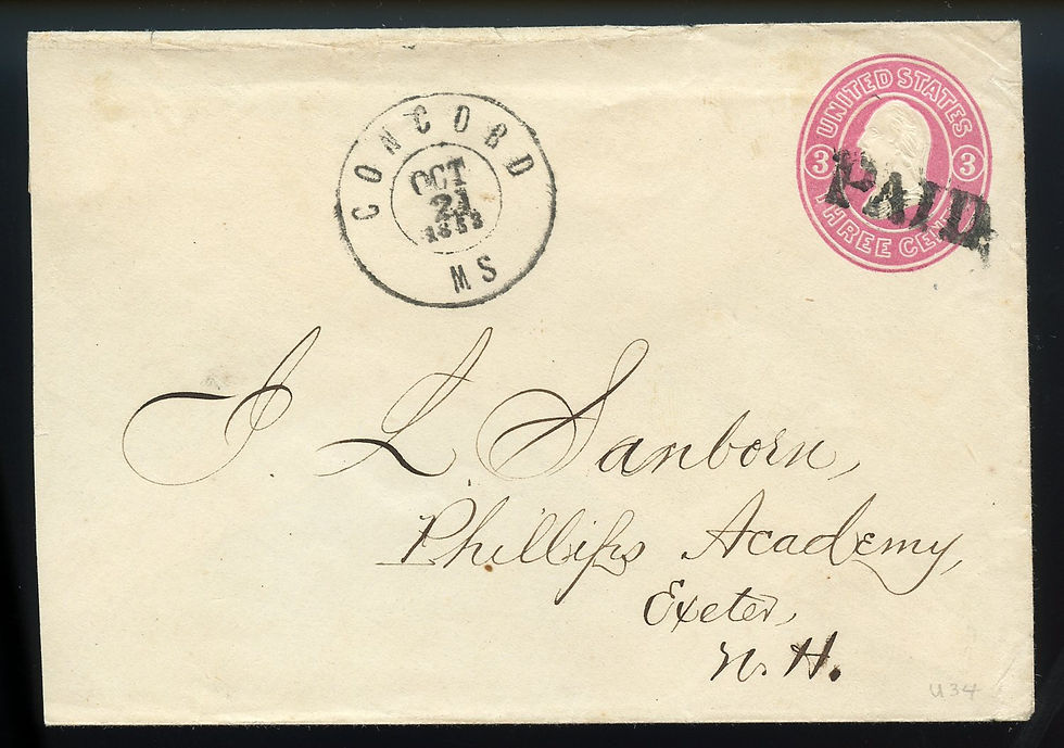 U.S. Scott U34 1863 Stamped Envelope w/PAID Cancel from Concord, Mass ...
