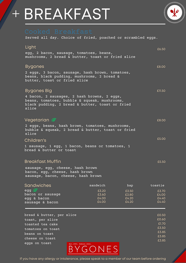 Breakfast Menu | Bygones | Wisbech