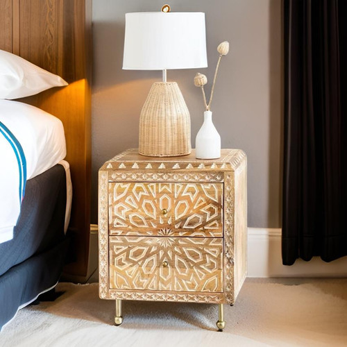 Agra Hand Carved Bedside Table In Solid Mango Wood With Two Drawers | Hartsmede.co.uk