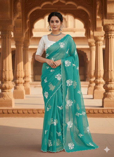 RANG BHOOMI - TWILL NET FABRIC SAREE WITH C-EMBROIDERY BORDER | Buybay.in