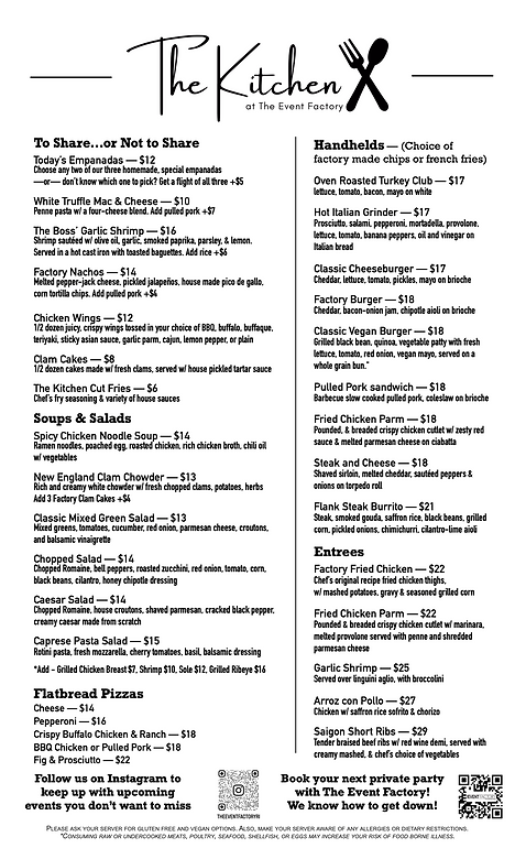 Menu | The Kitchen @ The Event Factory