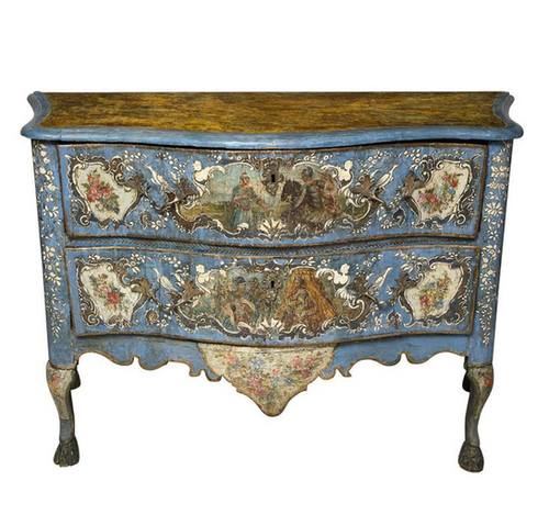 A fine 18th century painted Italian serpentine commode with hoof feet ...