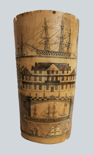 An early 19th C English animal horn scrimshaw cup 'Birmingham Cup' | CADA