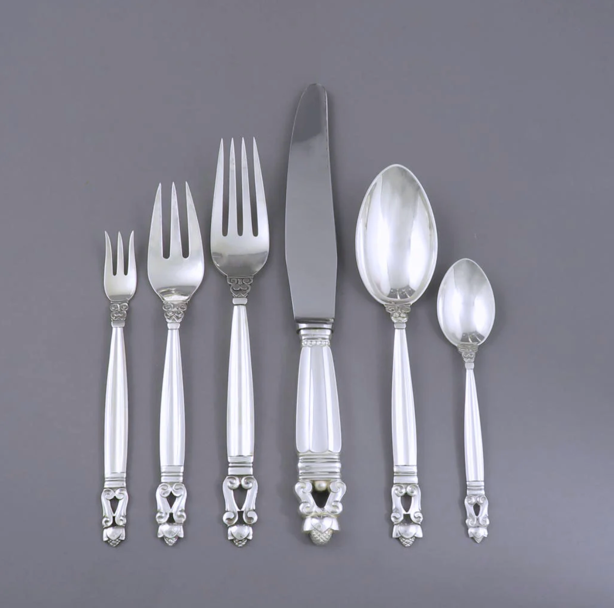 A Georg Jensen Acorn sterling silver flatware set for 12, post 1945 | CADA