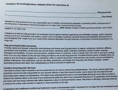 Client signature / disclaimer forms | Creative Grooming UK
