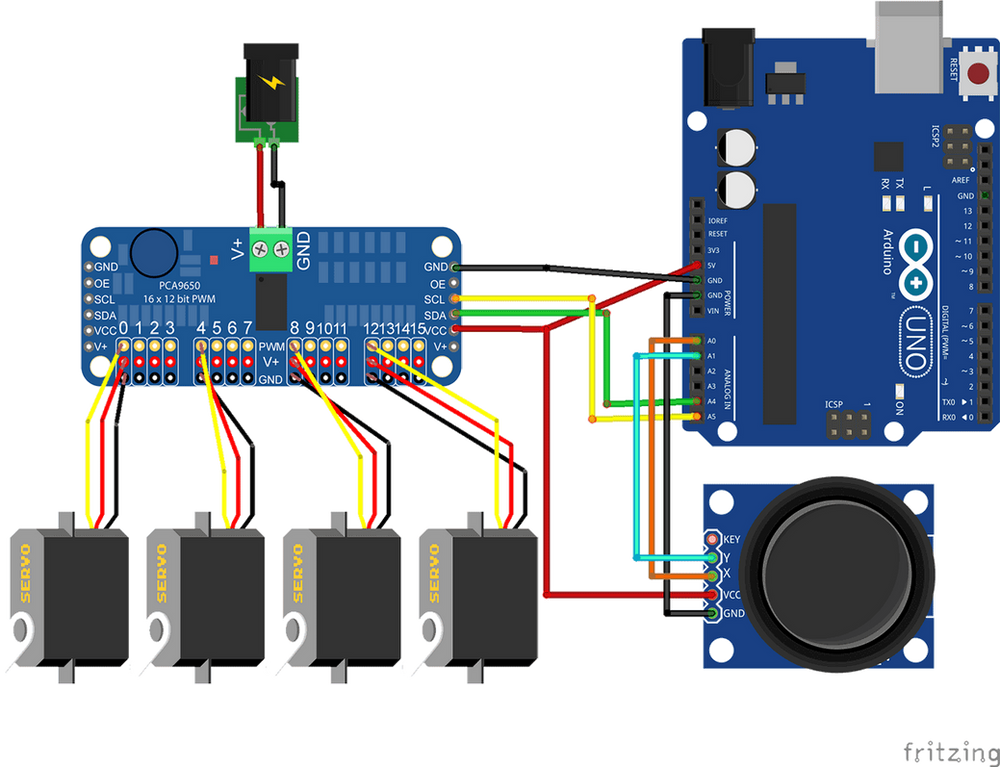 Control A ‘lot Of Servo Motors Using A Joystick Arduino And Pca9685