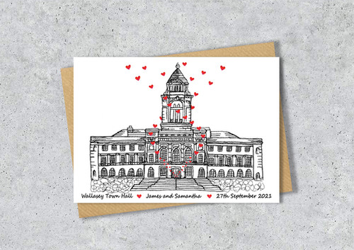 Wallasey town hall wedding day anniversary venue card, Personalised, A4 ...
