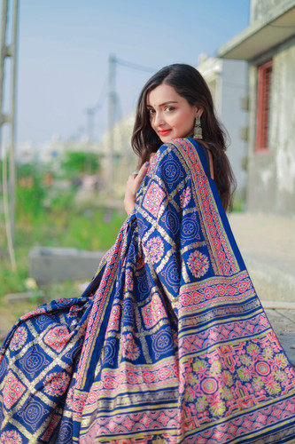 Riddhi Blue Pashmina Silk with Ajrakh Print | Banarasi Saree House