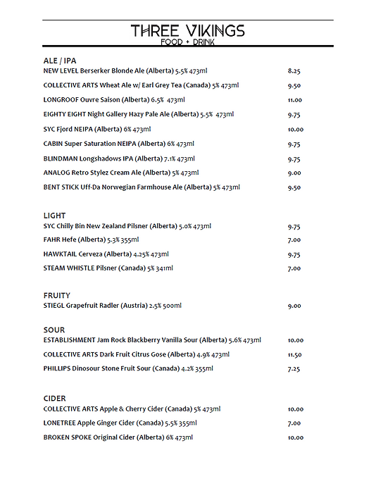 Menu | Three Vikings Pub