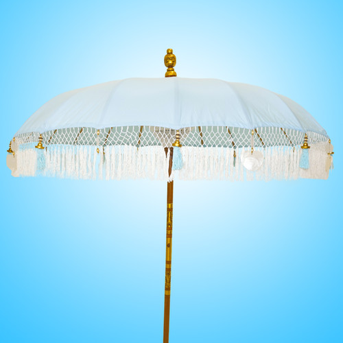 Blue white Bali Parasol FRINGED | baliparasol.com