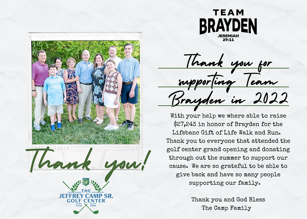 Thank you from Team Brayden and The Camp Family