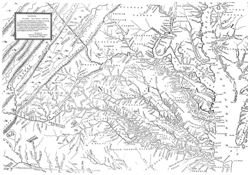 1751 Fry & Jefferson Map of Inhabited Part of Virginia | Louisa County
