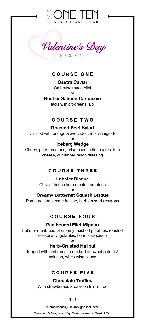 Menu | ONE TEN Restaurant & Bar
