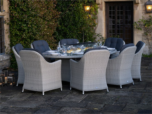 Monterey Dove Grey Rattan Elliptical Firepit Dining Table with 8 ...