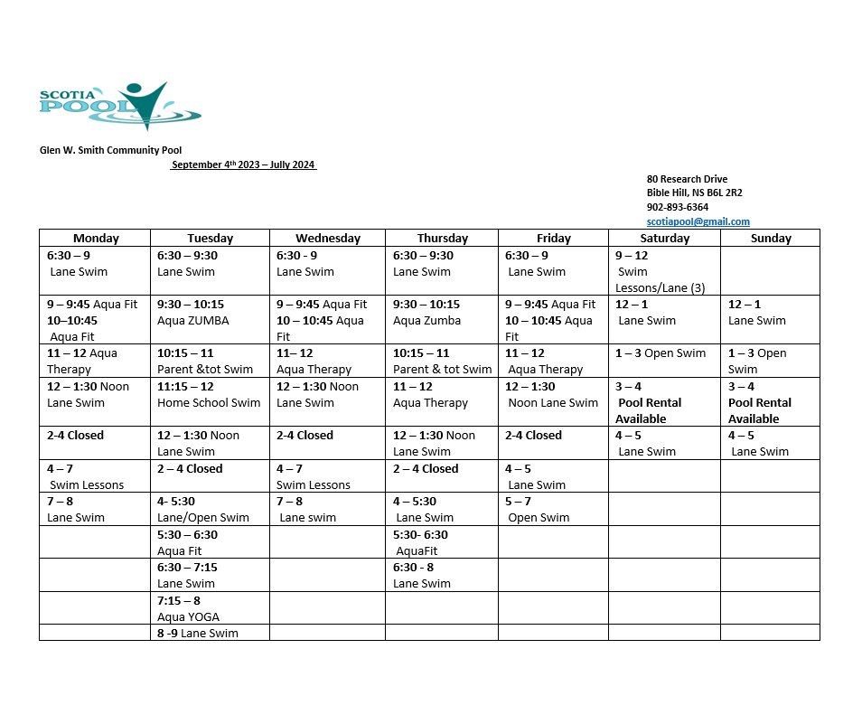 Schedules/Fees | Scotia Pool