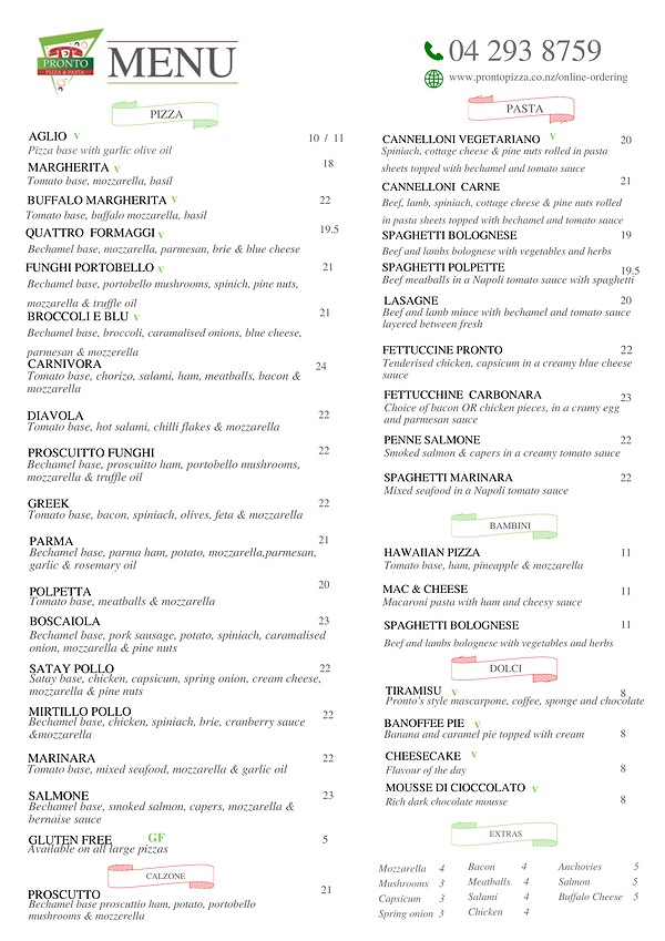 MENU | Pronto Pizza Pasta