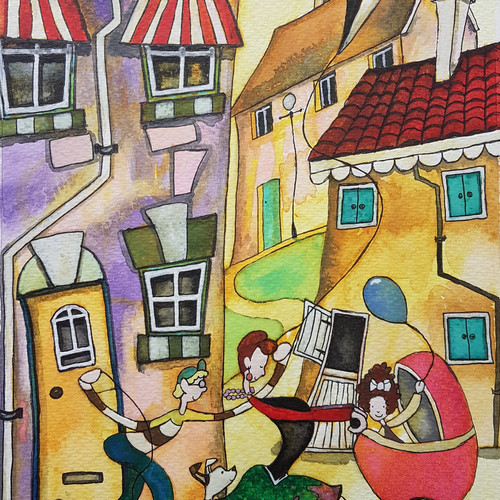 Naive Cityscape/Landscape Painting By Claire Shotter. Houses. People ...