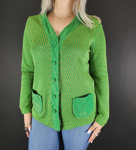 70s Green and Metallic Gold Lurex Cardigan Sweater | wildfirevintage